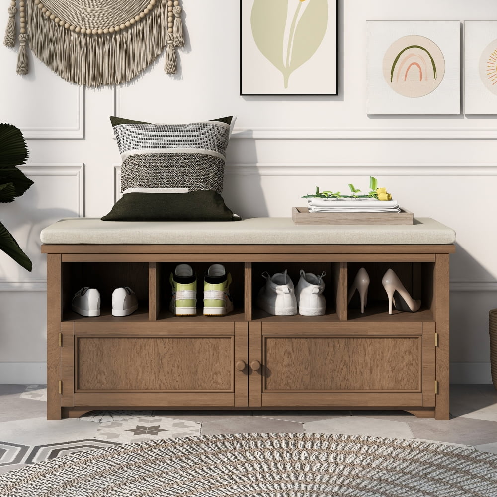 Entryway Storage Bench with Linen Upholstered Cushion, 2 Doors and ...