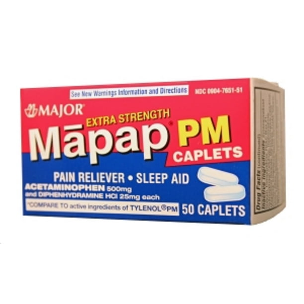 MAJOR MAPAP PM CPLT ACETAMINOPHEN-500 MG Blue 50 CAPLETS UPC ...
