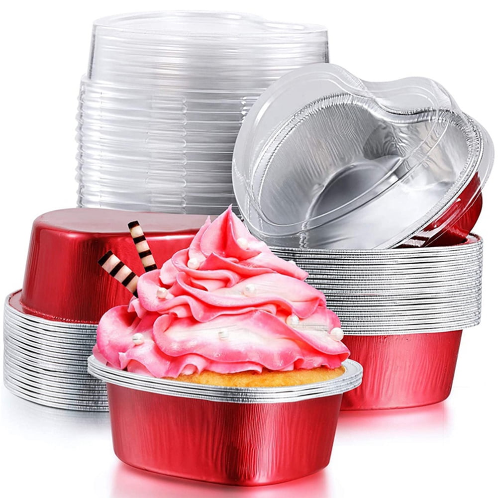 Kojooin 50pcs 55ml Tin Foil Aluminum Foil Pudding Cup With Lid Heart ...