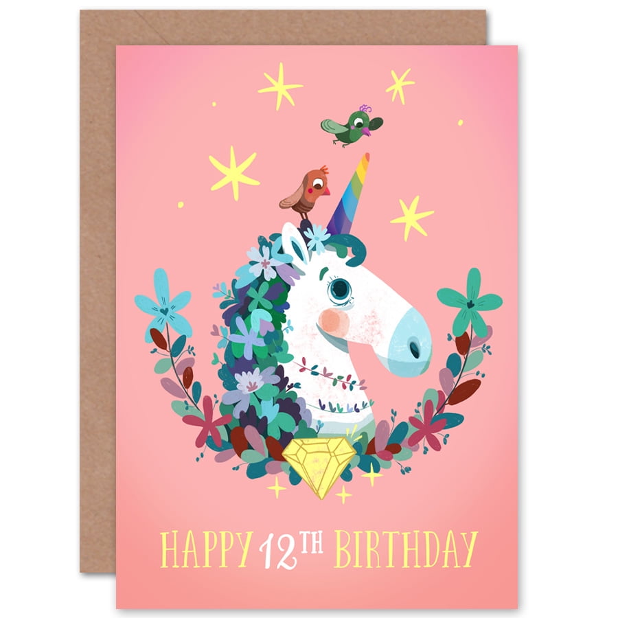 Unicorn Flowers 12th Birthday Greetings Card Plus Envelope Blank inside ...