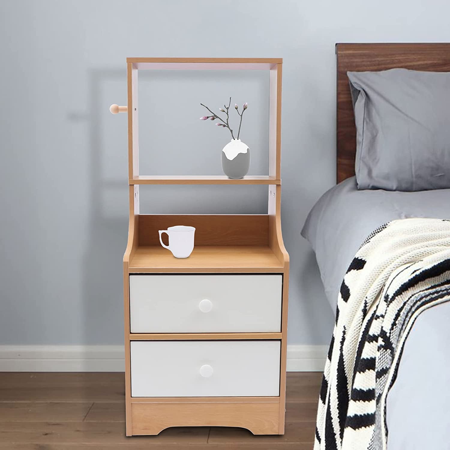 Miumaeov Bedside Nightstand with 2 Drawers +Makeup Storage Shelf Space ...