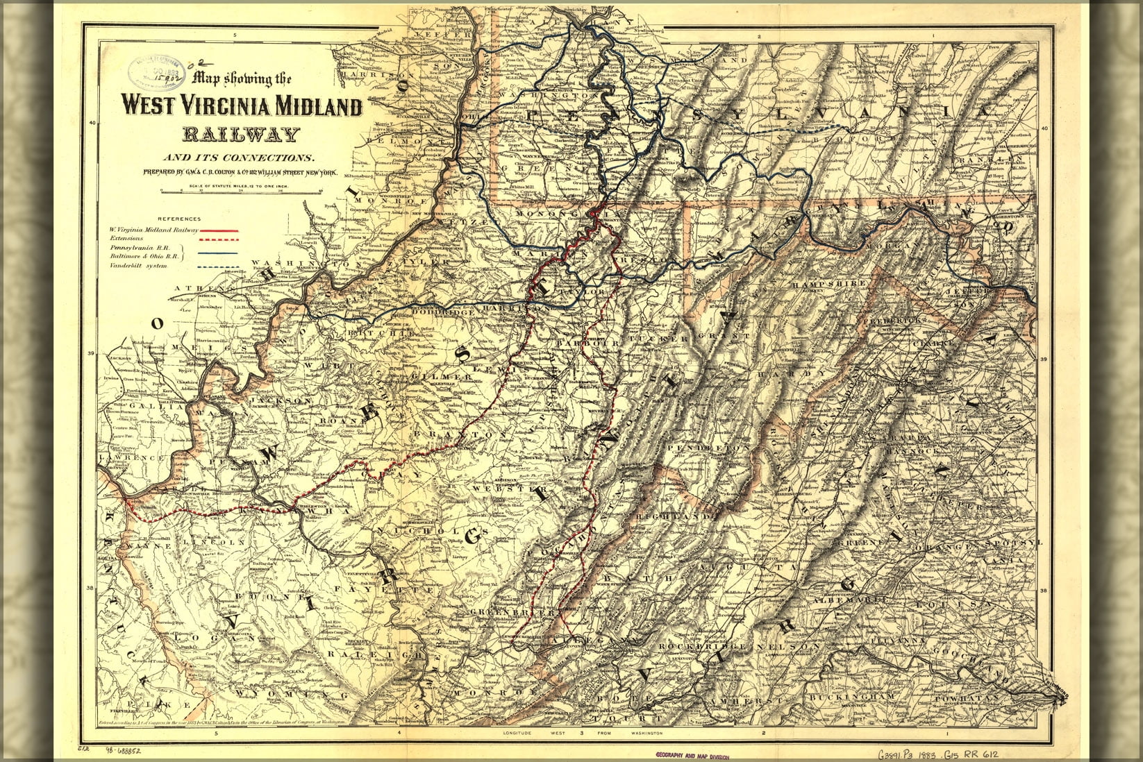 24"x36" Gallery Poster, Map of West Virginia Midland Railway 1883 ...