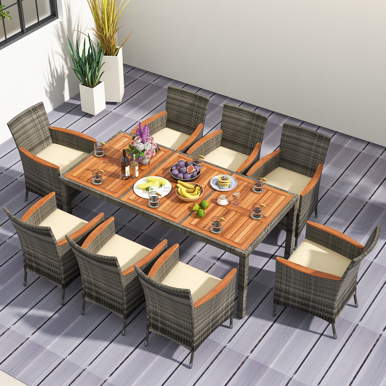Click here for Costway 9 Pcs Outdoor Wicker Dining Set With Acaci... prices