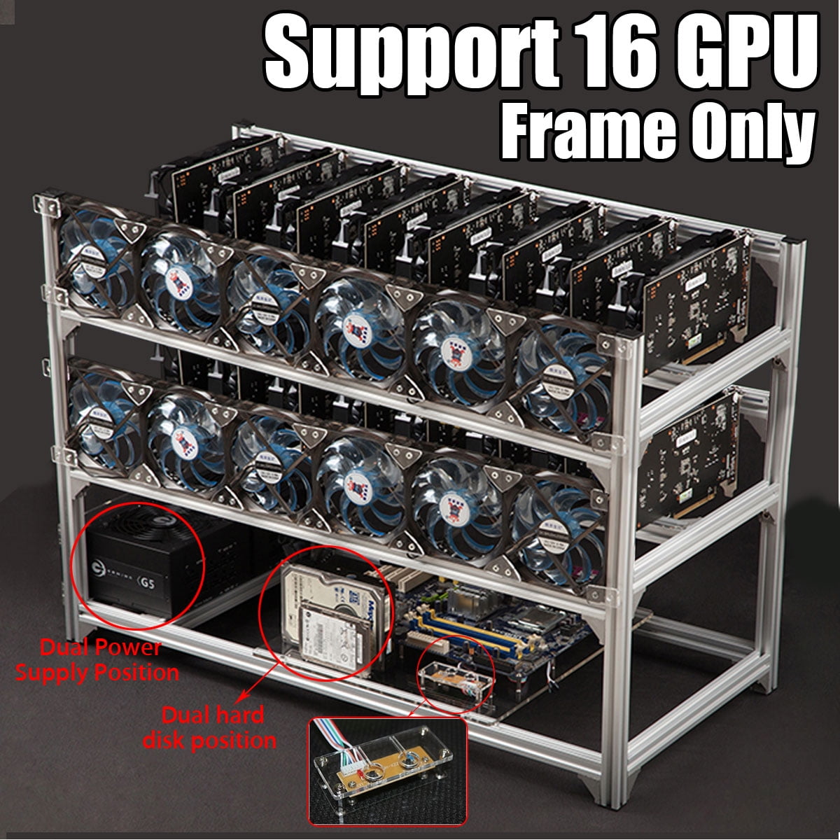 Upgraded Silver Aluminum 16 GPU Open Air Mining Miner Frame Rig ...