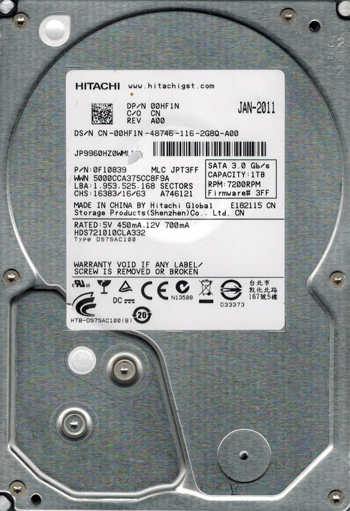 Hitachi HDS721010CLA332 P/N: 0F10839 MLC: JPT3FF 1TB - Walmart.com