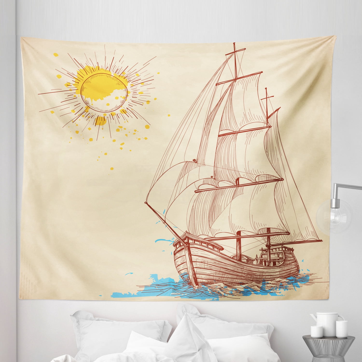 Nautical Tapestry, Marine Pattern of Sailing Boat in Windy Sea Splashed ...