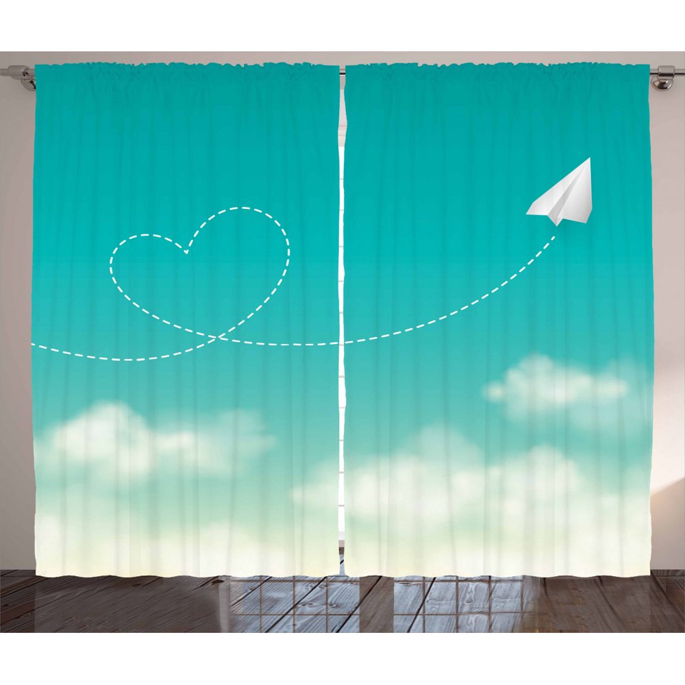 Cloud Curtains 2 Panels Set, Paper Plane with a Heart Flight Path ...