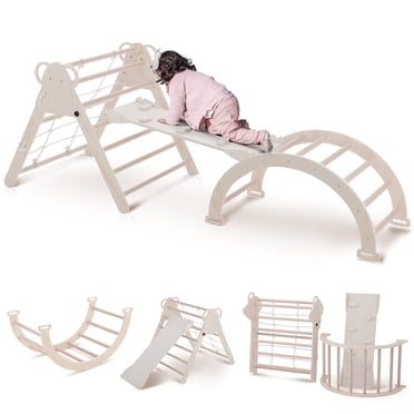 Costway 3-in-1 Kids Wood Climber Set for Toddler Play Arch with Sliding ...