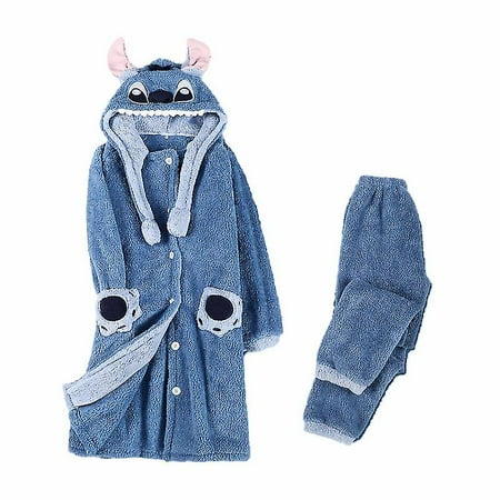Coral Fleece Nightgown Cartoon Blue Stich Pajama Set Mid-length Plus ...