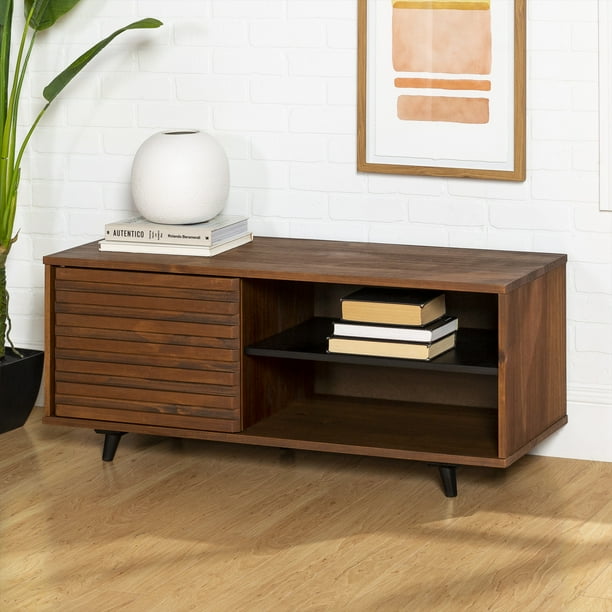 Walnut 44 Inch Solid Wood Slat Door Storage Bench by Manor Park ...