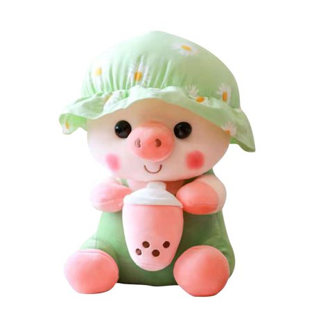 Pig Plush Doll Cartoon Pig Doll Holding Bubble Tea Cute Piggy Stuffed ...