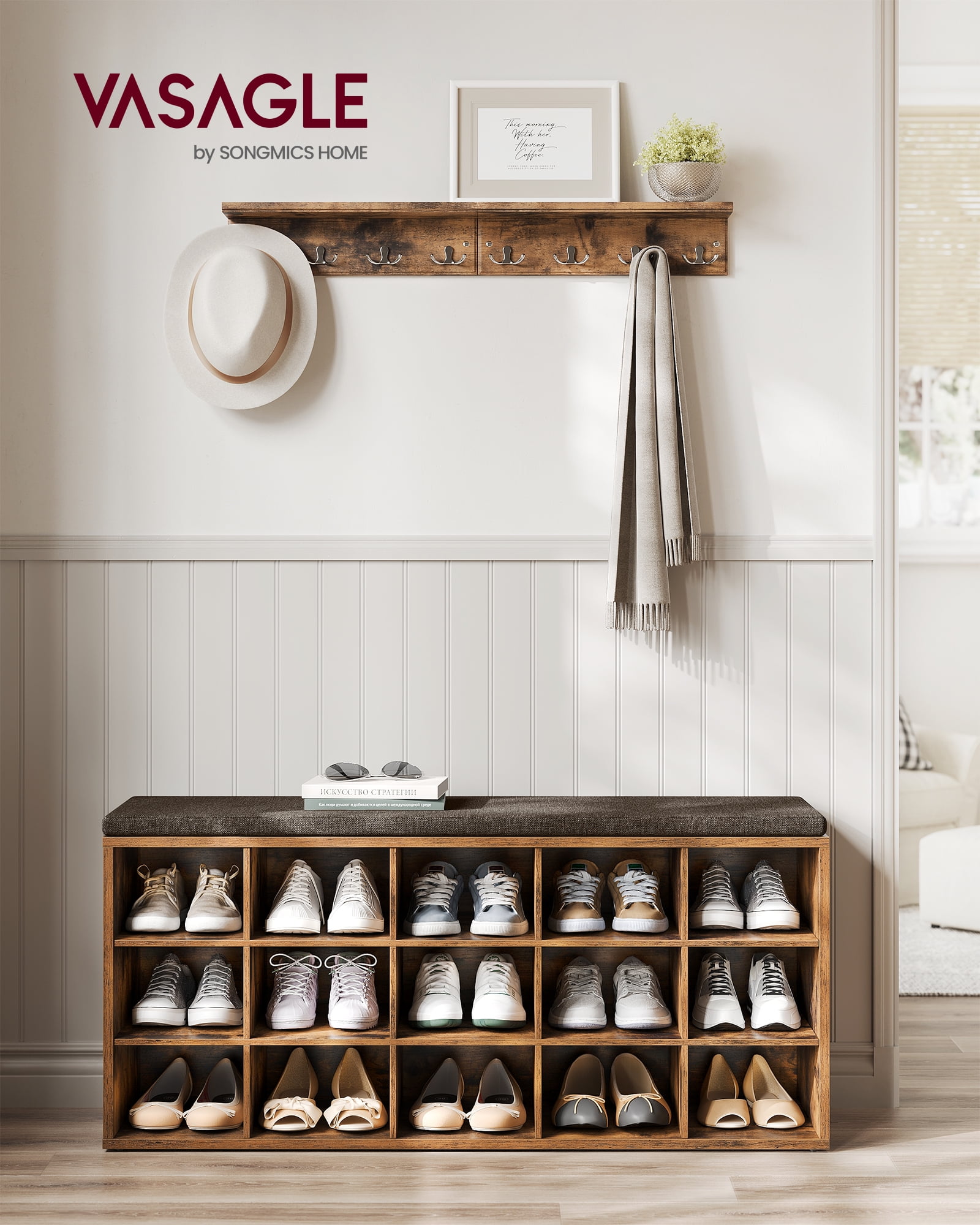 VASAGLE Shoe Bench, Storage Bench, 15 Compartments, Rustic Brown and ...