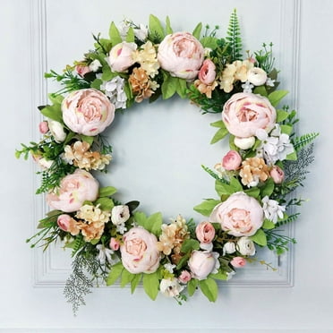 24inch Spring Artificial Rose Wreath for Front Door, Pink Rose with ...