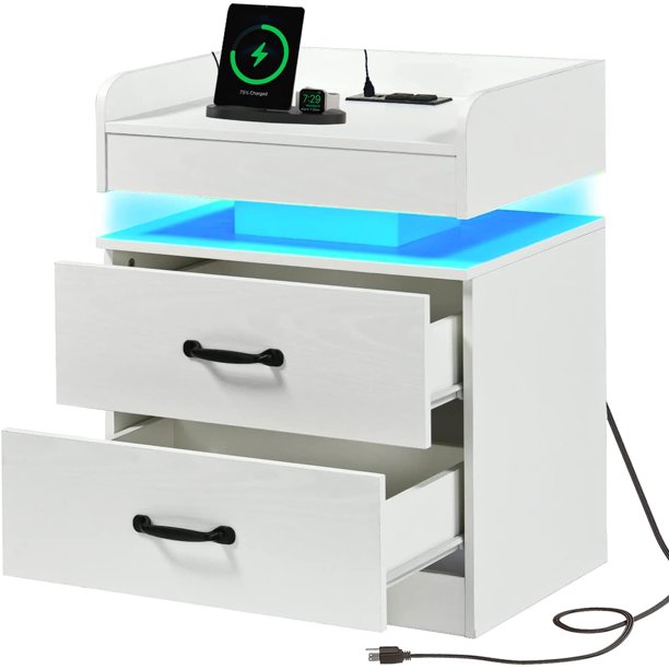 4 EVER WINNER LED Nightstand with Charging Station, Modern White Night ...