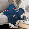 Blue Ocean Waves Fleece Throw Blanket Japanese Style Red Fish Harmony ...