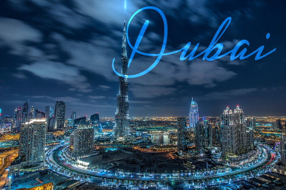 Dubai, United Arab Emirates, City Skyline at Night, Blue (12x18 Wall ...