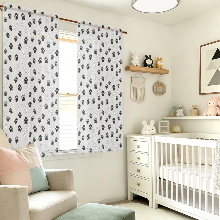 Dog Paw Print and Bone White Pattern Sheer Curtains, Voile Drapes with ...
