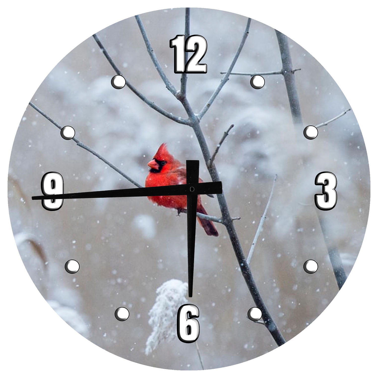 Large Wood Wall Clock 24 Inch Round Snowy Cardinal Bird on Branch Round ...