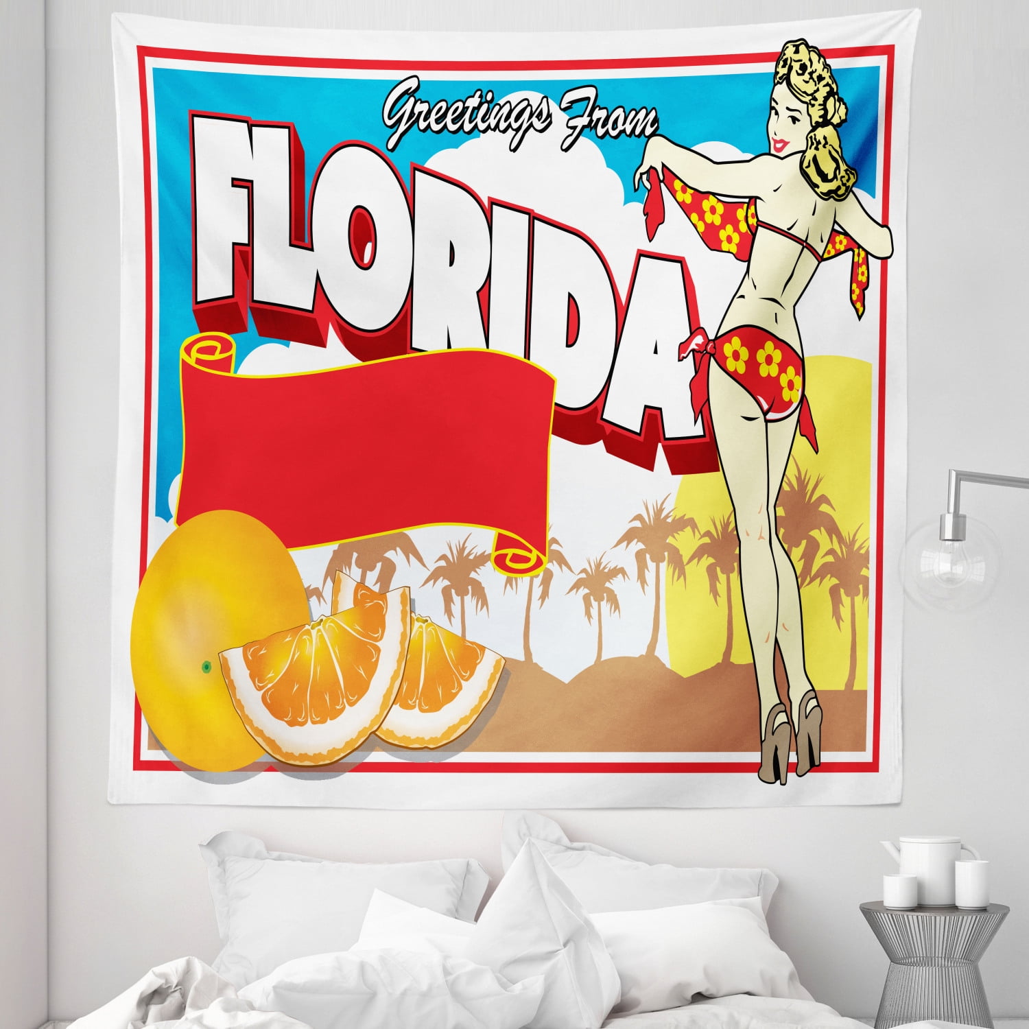 Florida Tapestry, Greetings from Florida Postcard Design with a Pin-up ...