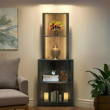 Dextrus 5-Tier Corner Shelf with Led Light, Wooden Open Corner Cabinet ...