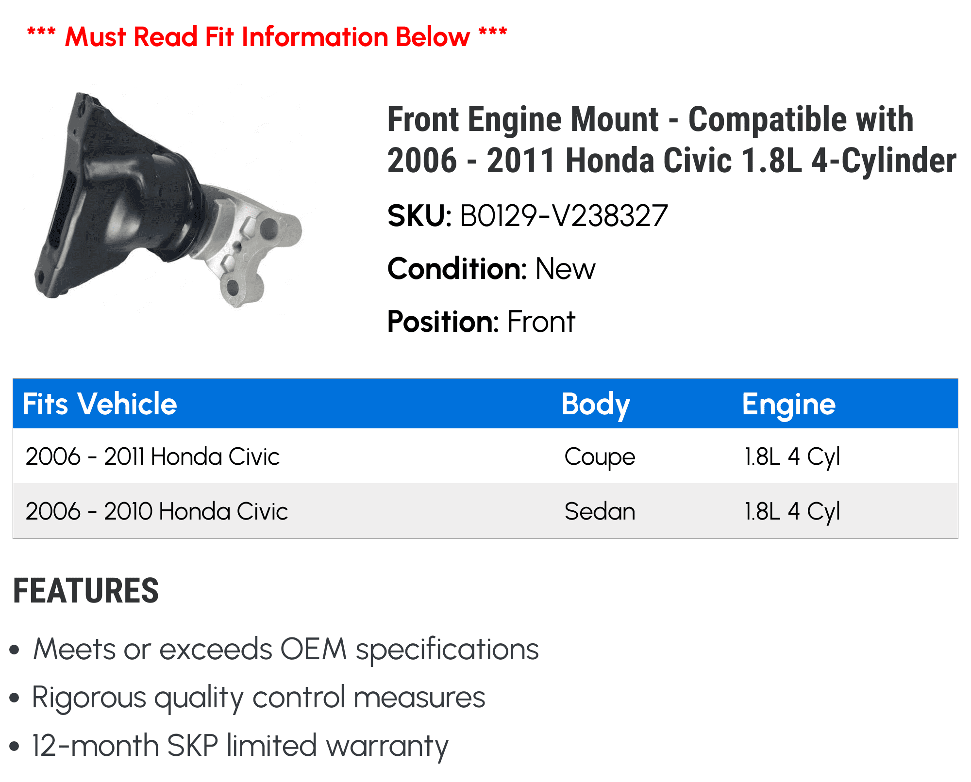 Buy Front Engine Mount - Compatible with 2006 - 2011 Honda Civic 1.8L 4 ...
