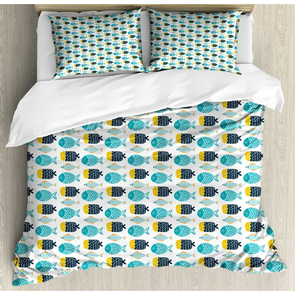 Fish Duvet Cover Set King Size, Cartoon Animals of the Ocean Pattern ...