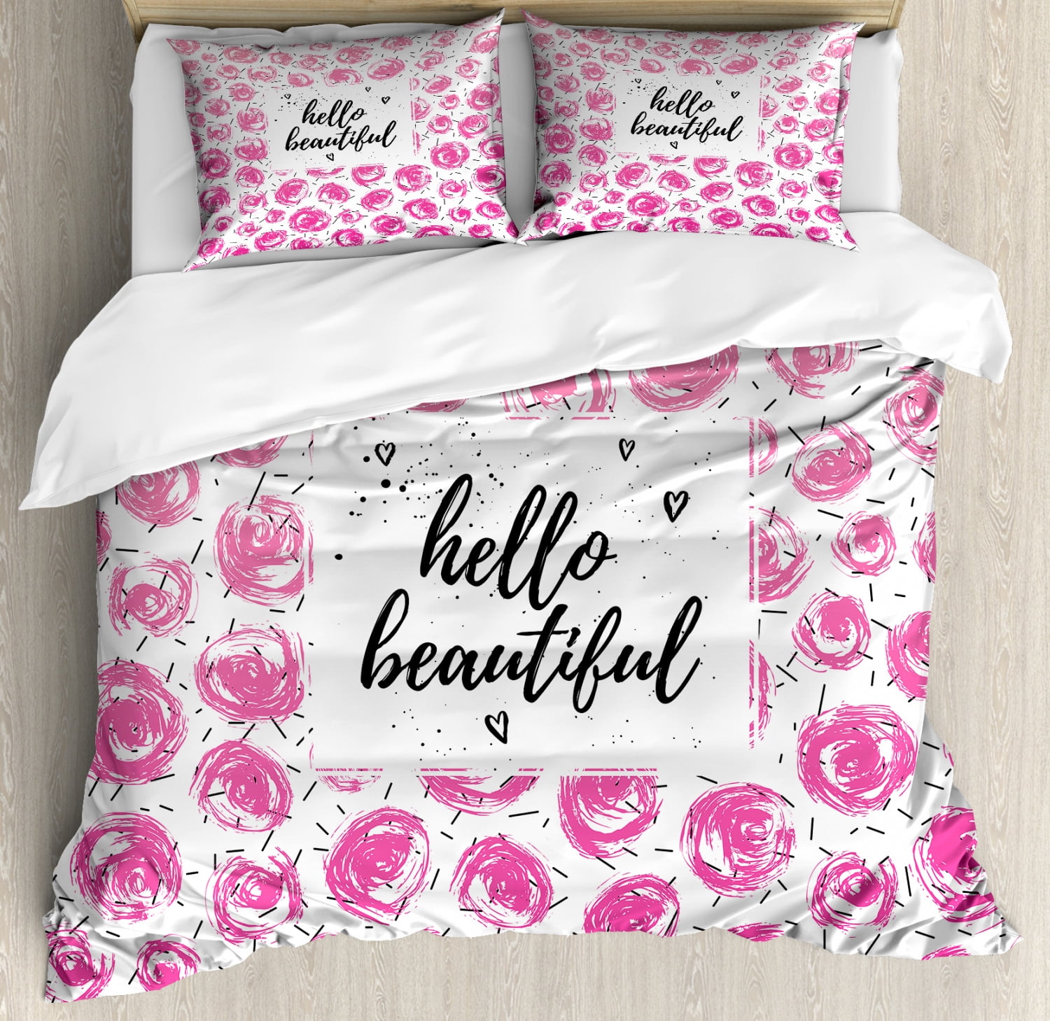 Hello Queen Size Duvet Cover Set, Hand Lettering Quote on Retro Floral ...