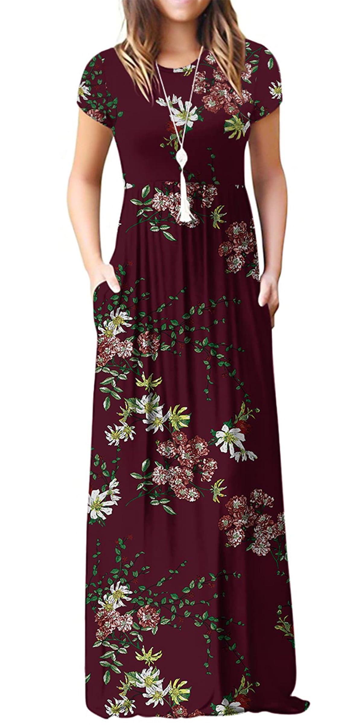 Mengpipi Women Maxi Dresses Short Sleeve Long Loose with Pockets, Wine ...