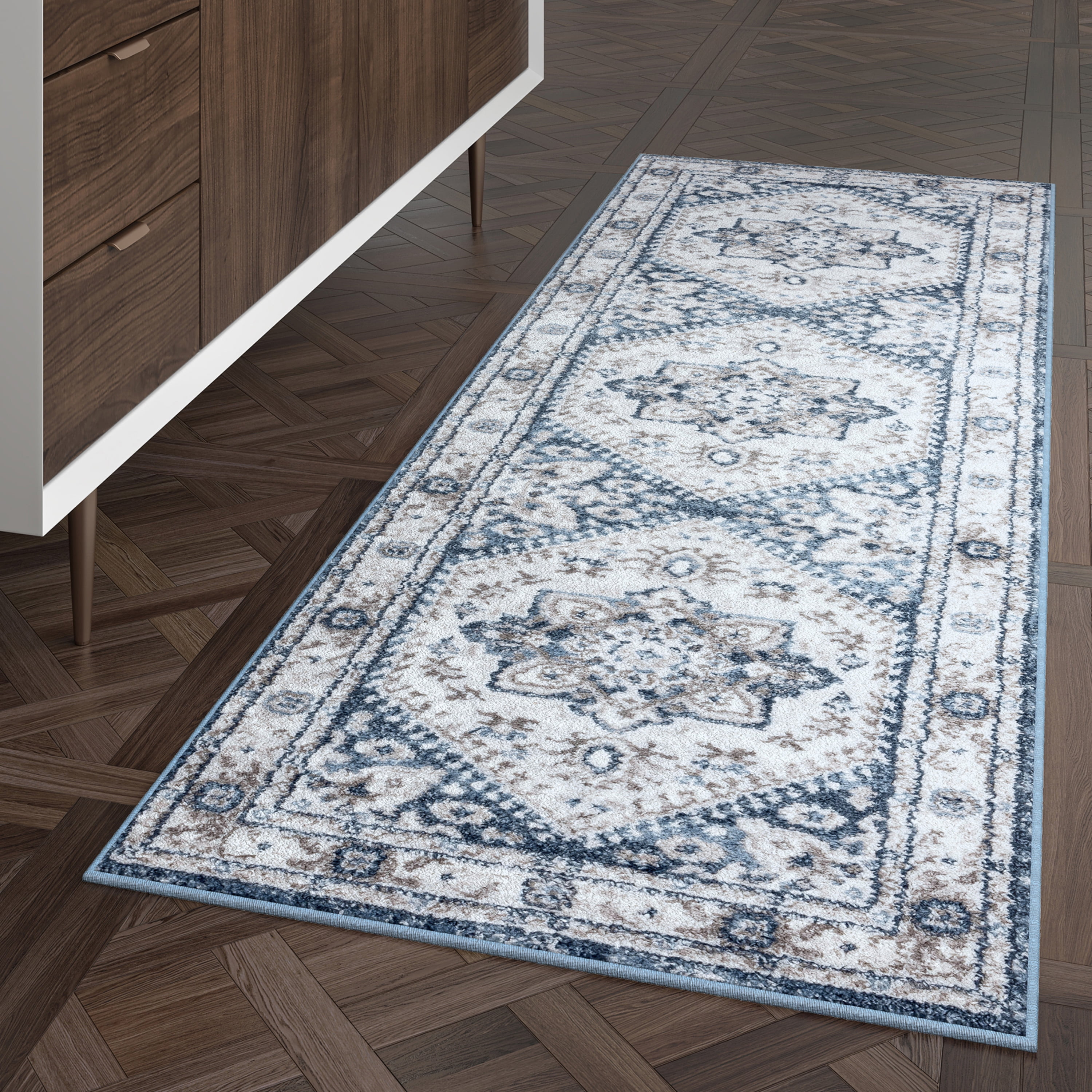 Traditional 2x8 Area Rug (2'3'' x 7'3'') Medallion White, Blue Indoor ...