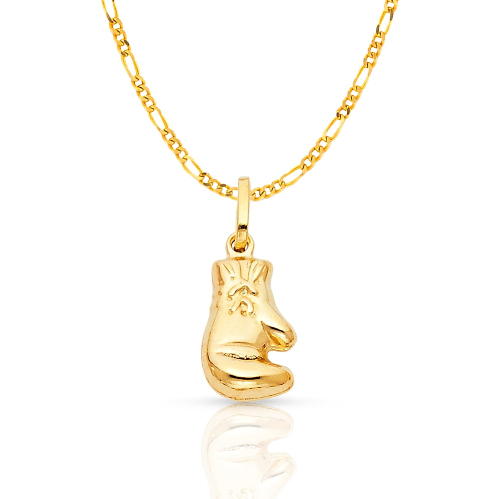 Ioka-14K Yellow Gold Single Boxing Glove Charm Pendant with 1.2mm Figaro 3+1 Chain Necklace - 22 ...