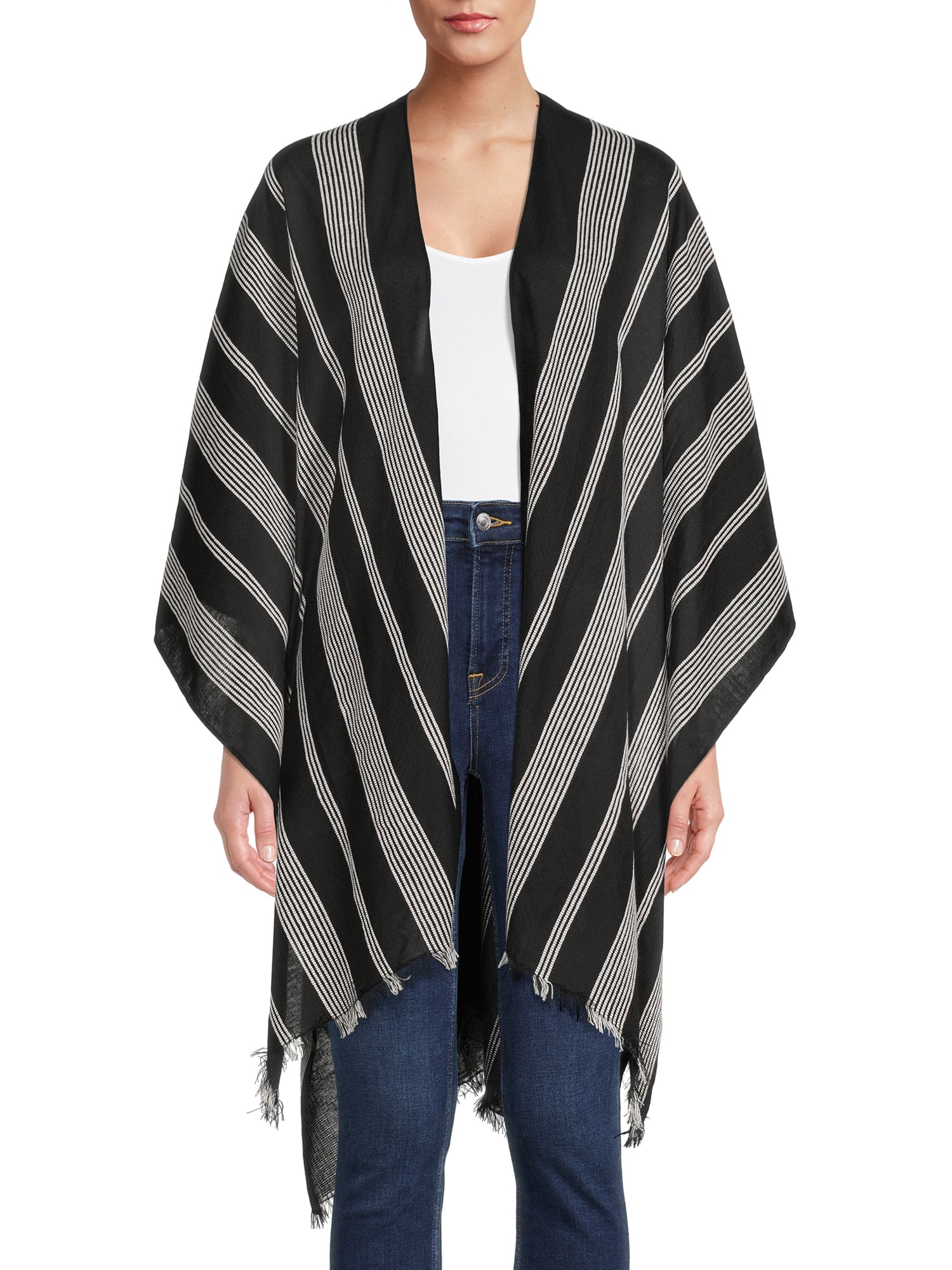 Time and Tru Women's Fringed Stripe Ruana - Walmart.com