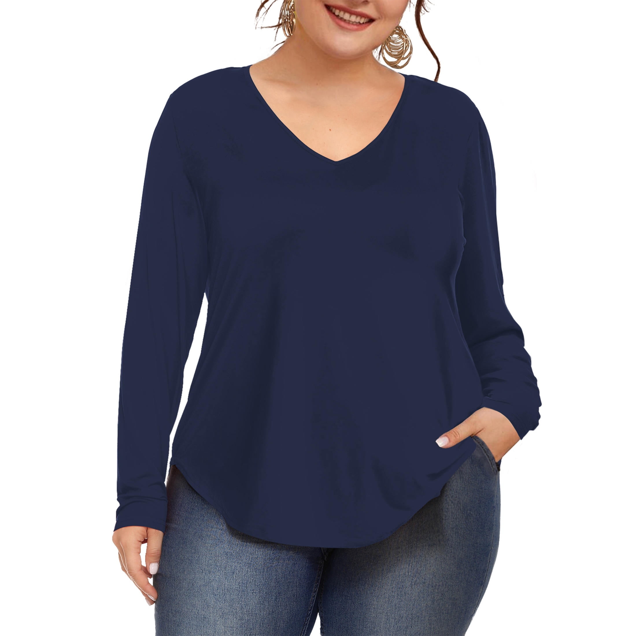 Amoretu Women's Plus Size Tee Tops Long Sleeve V Neck Soft Shirts ...