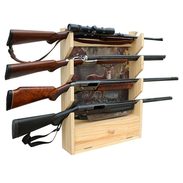 Rush Creek Creations Deer 4 Gun Wall Rack w/Storage - Light Stain ...