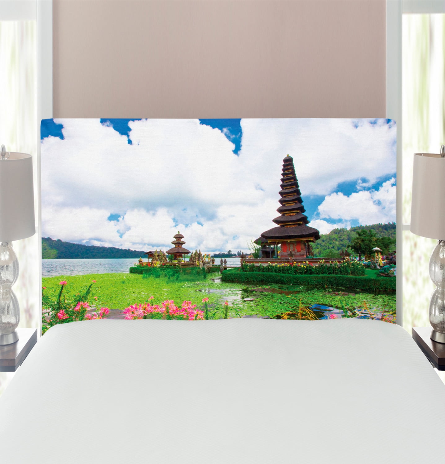 Balinese Headboard, Pura Ulun Danu Building Bali Tropic Flowers Water ...