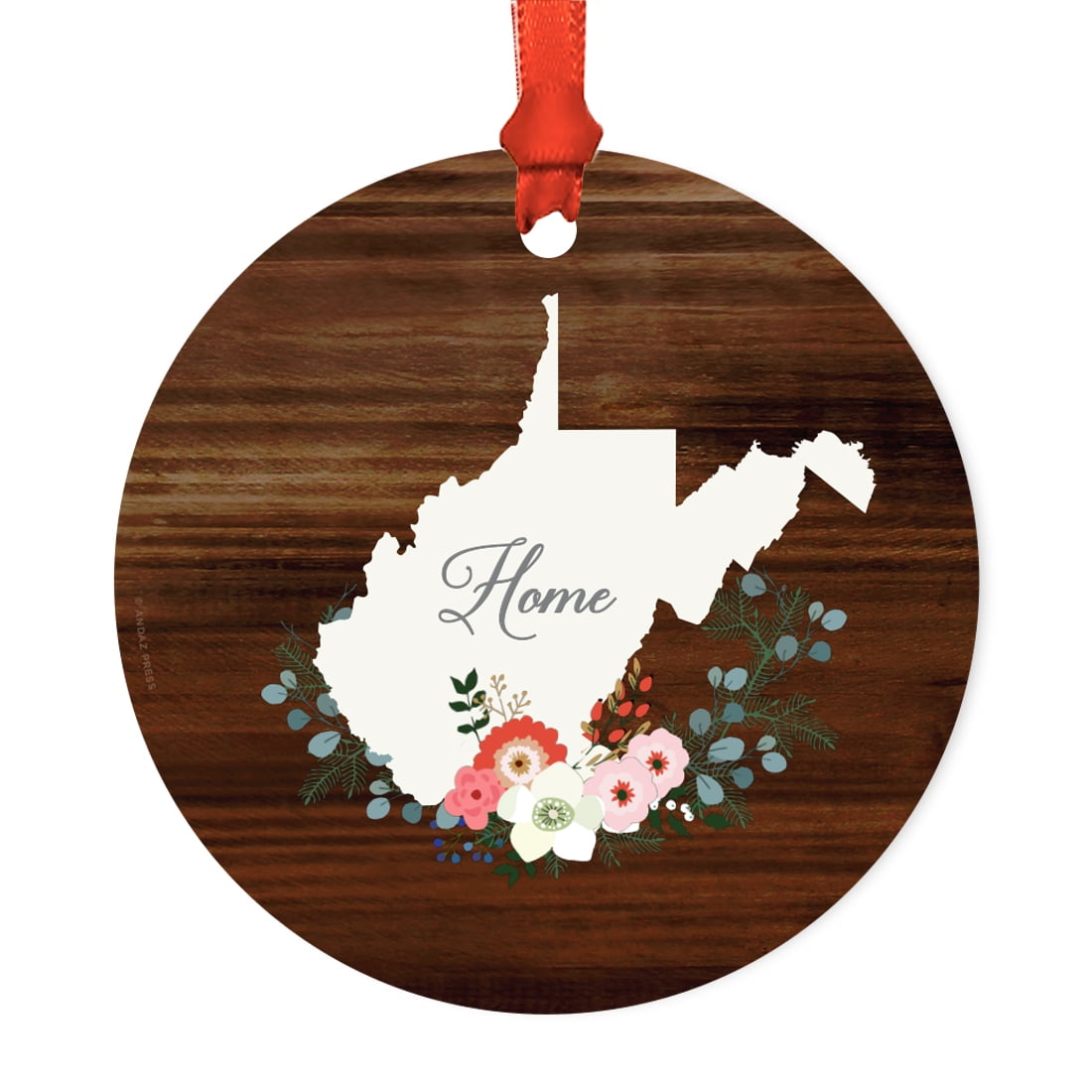 US State Round Metal Christmas Ornament, Rustic Wood with Florals Home ...