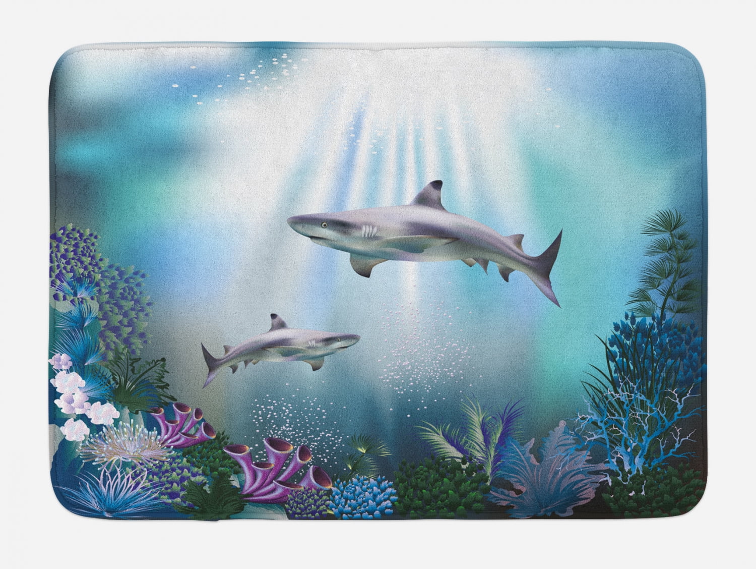 Underwater Bath Mat, Realistic Illustration Wild Sharks and Plants ...
