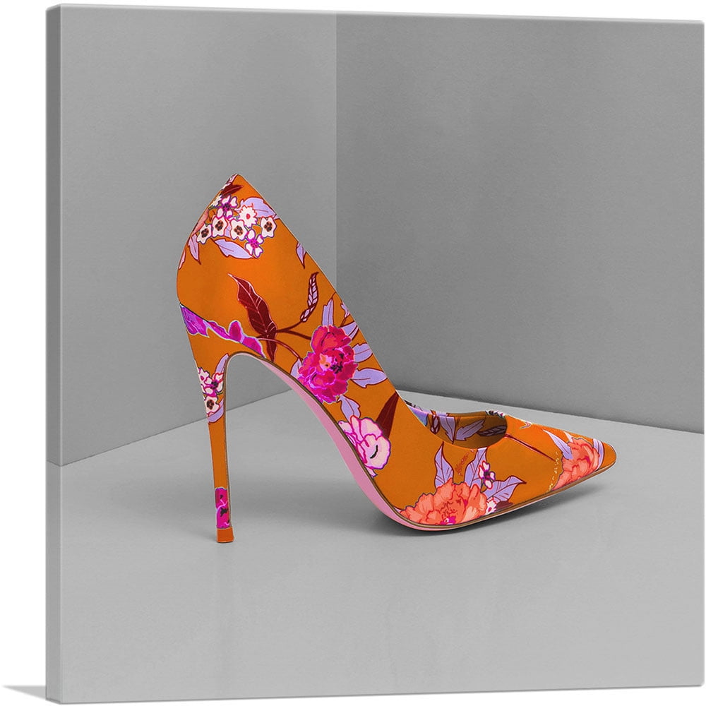 ARTCANVAS Orange Modern High Heels Shoe Stiletto Flower Pattern Canvas ...