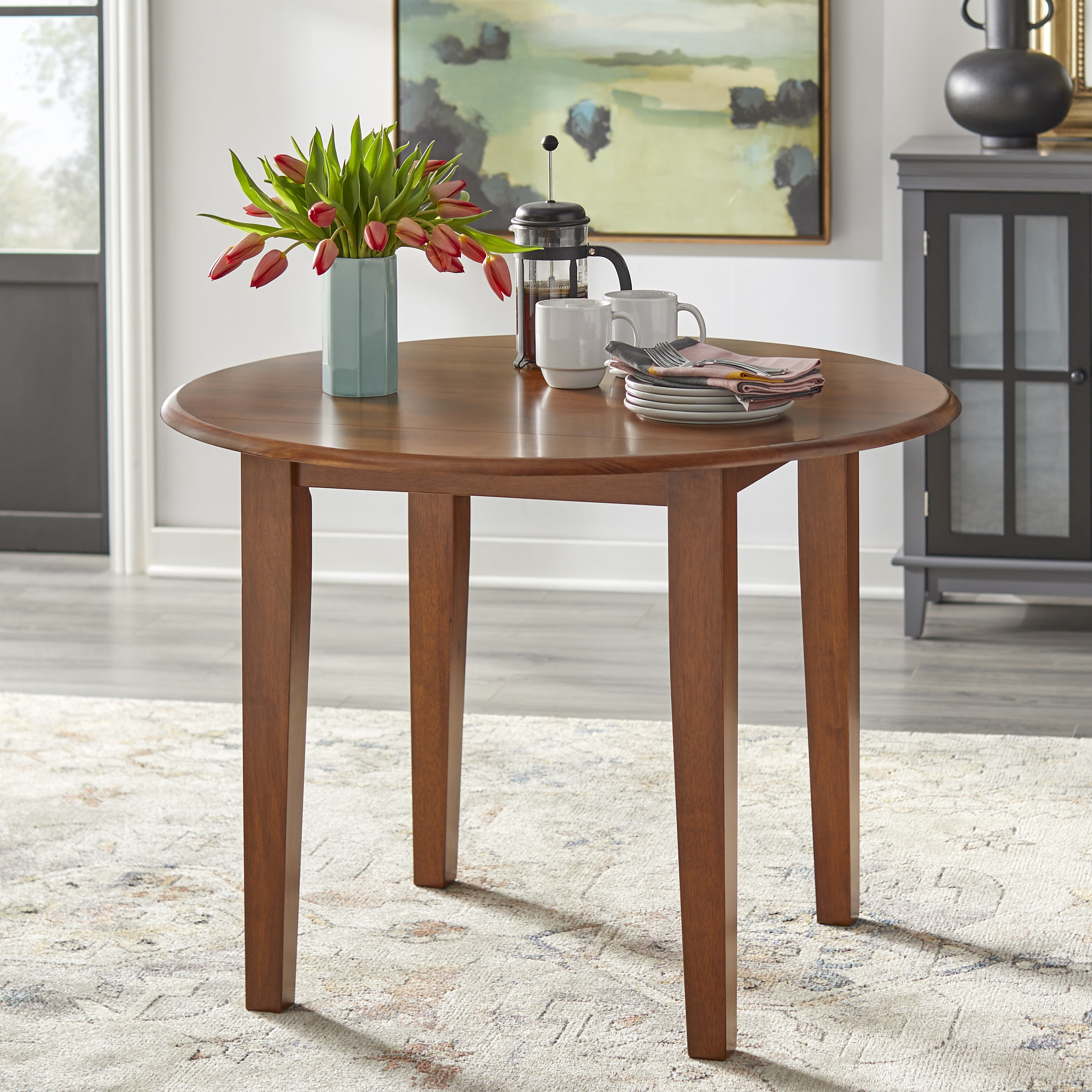 TMS Chadwick 40” Round Solid Wood Drop Leaf Dining Table, Walnut ...
