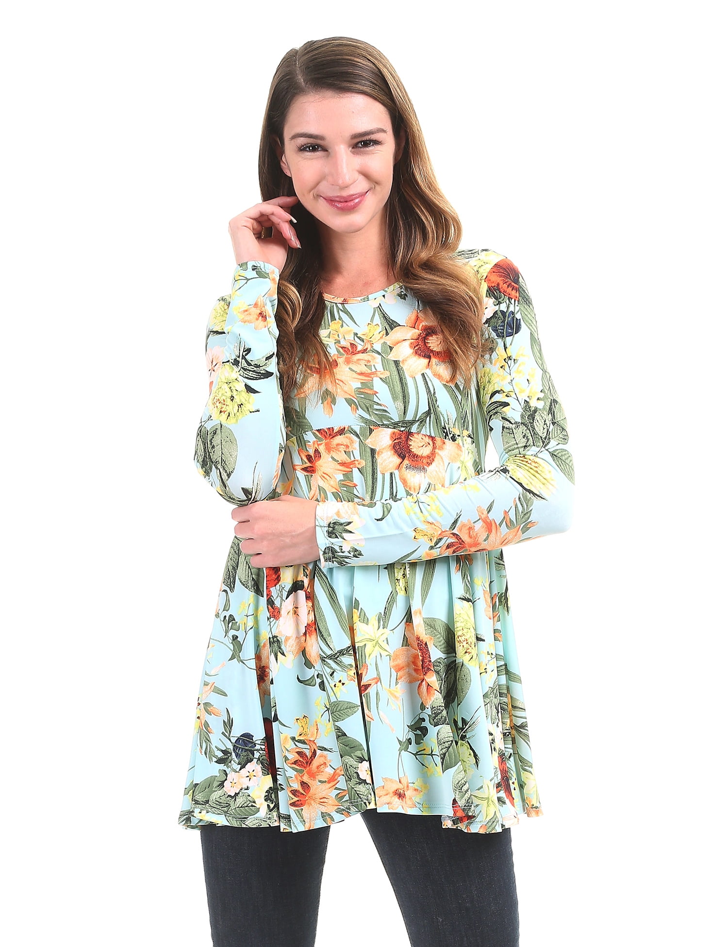 WT1454 Womens Print Long Sleeve Curved Empire Line Draped Tunic Top ...