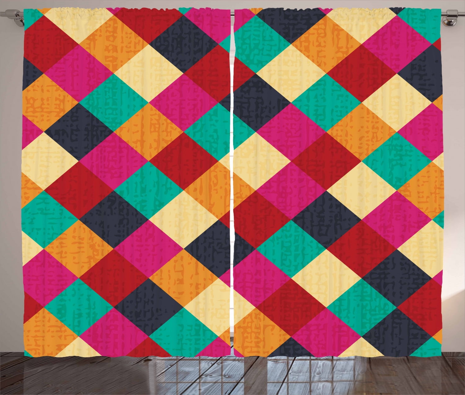 Colorful Curtains 2 Panels Set, Geometric Rhombus Checkered Pattern ...