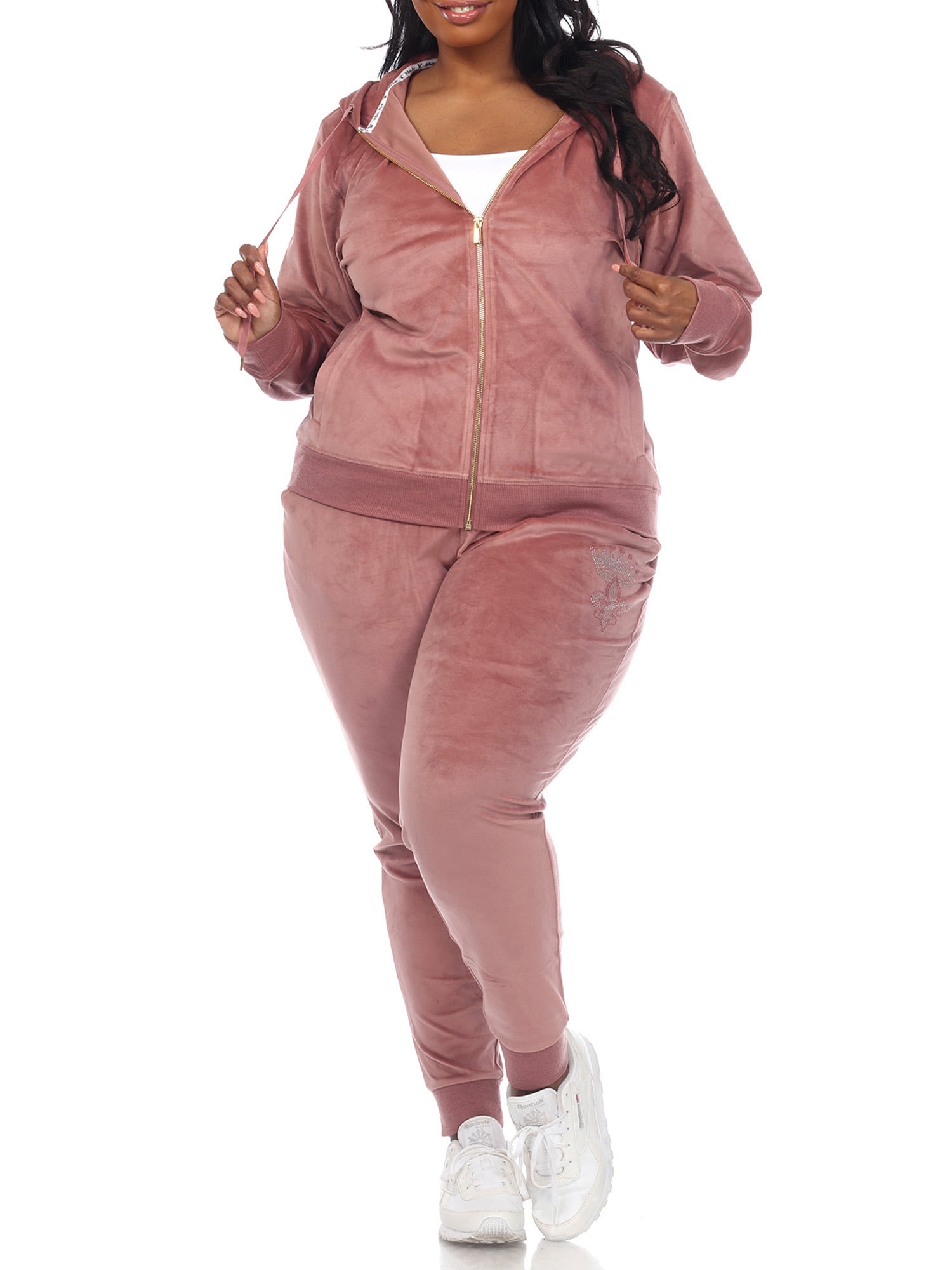 White Mark Women's Plus Size 2 Piece Rhinestone Velour Tracksuit Set ...
