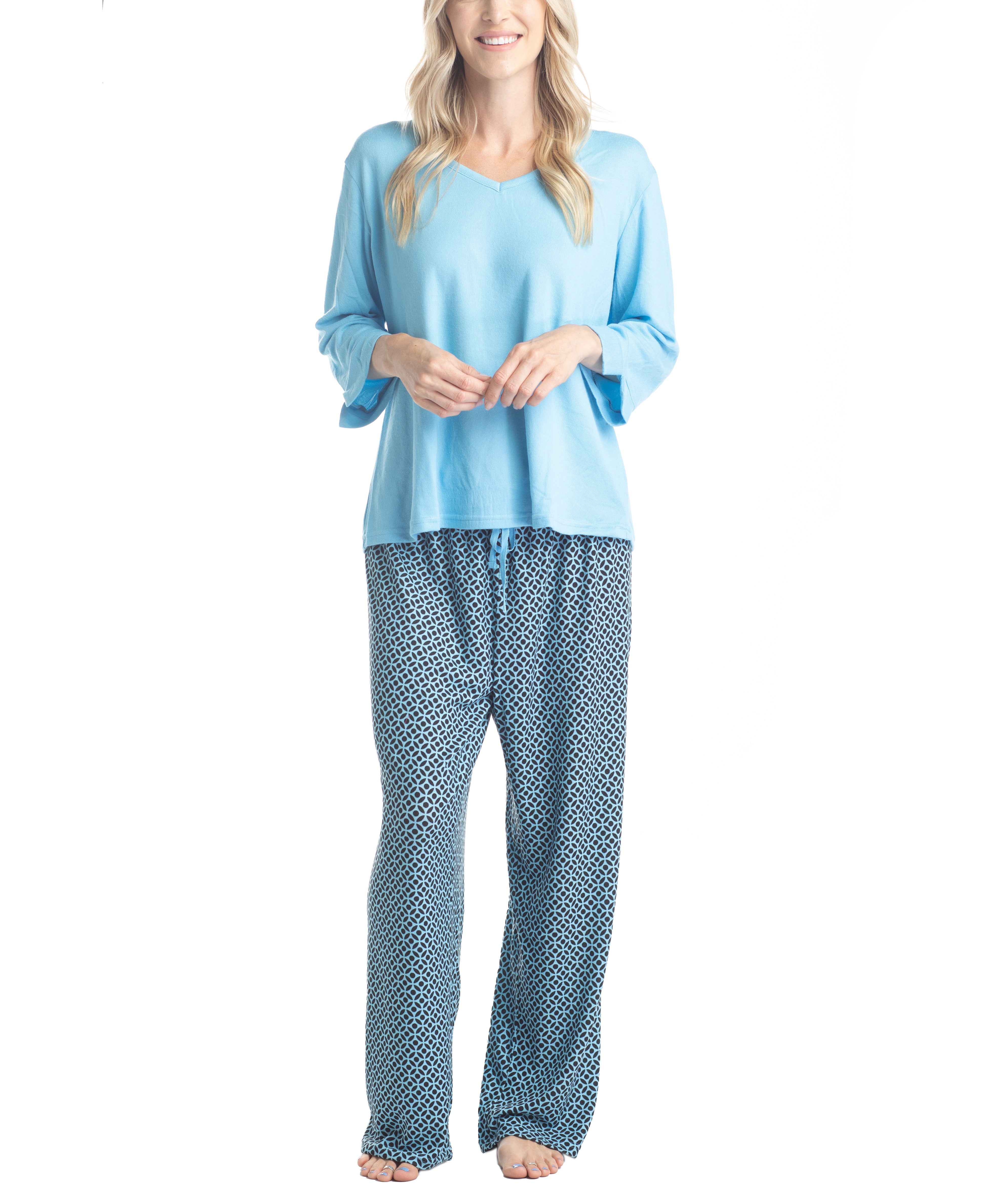Hanes Women's Butter Knit 3/4 V-Neck Sleep Top and Pajama Pant Lounge ...