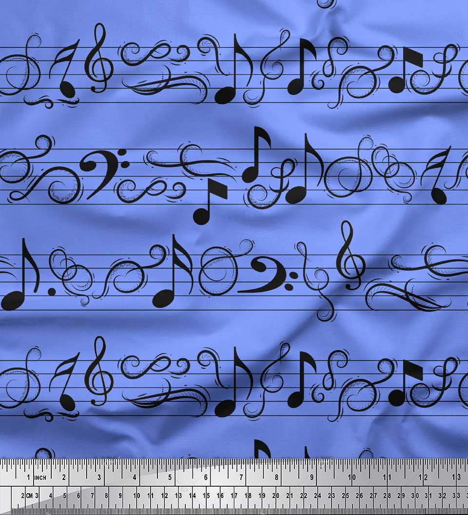 Soimoi Blue Velvet Fabric Notes Musical Instrument Print Fabric by the ...