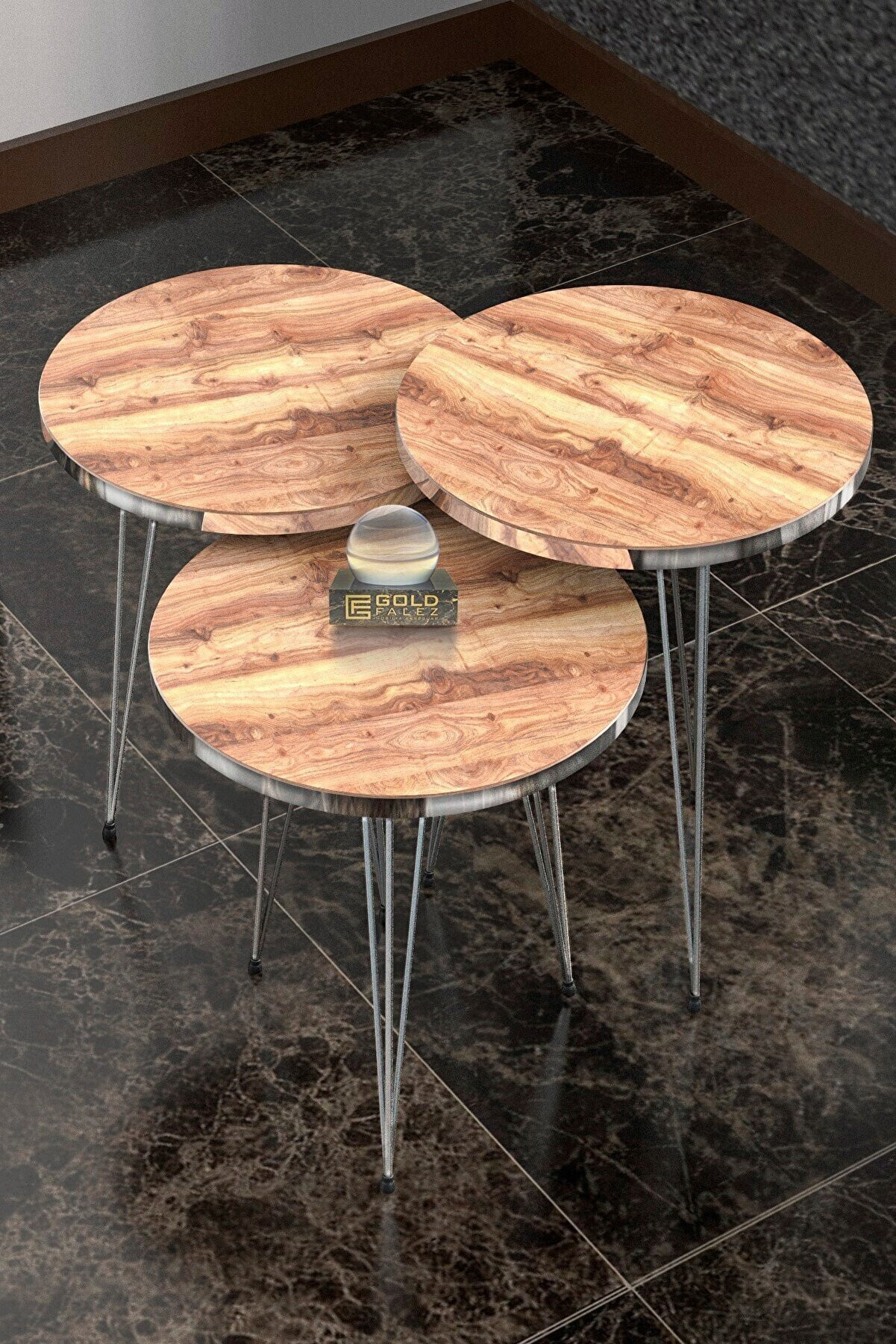 Walnut Nesting Coffee Tables 3 PCS,Round Side Table With 3-Rod Metal ...