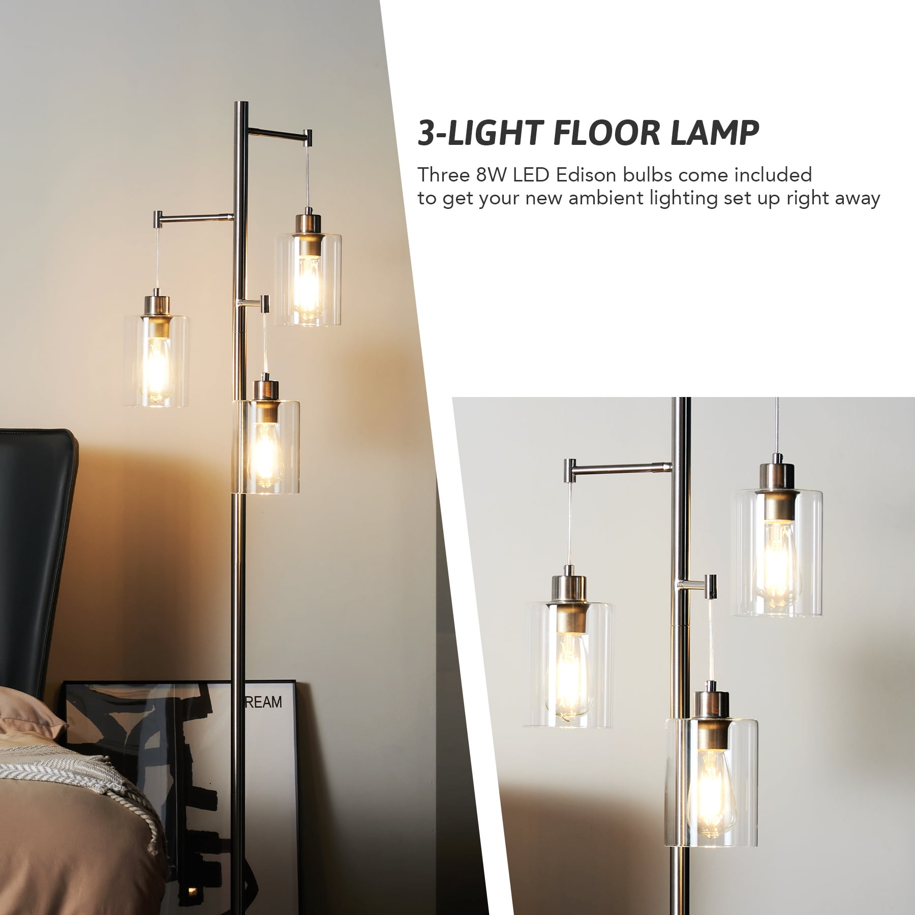 Bestco 64in Tall Floor Lamp for Living Room Reading Light with Glass ...