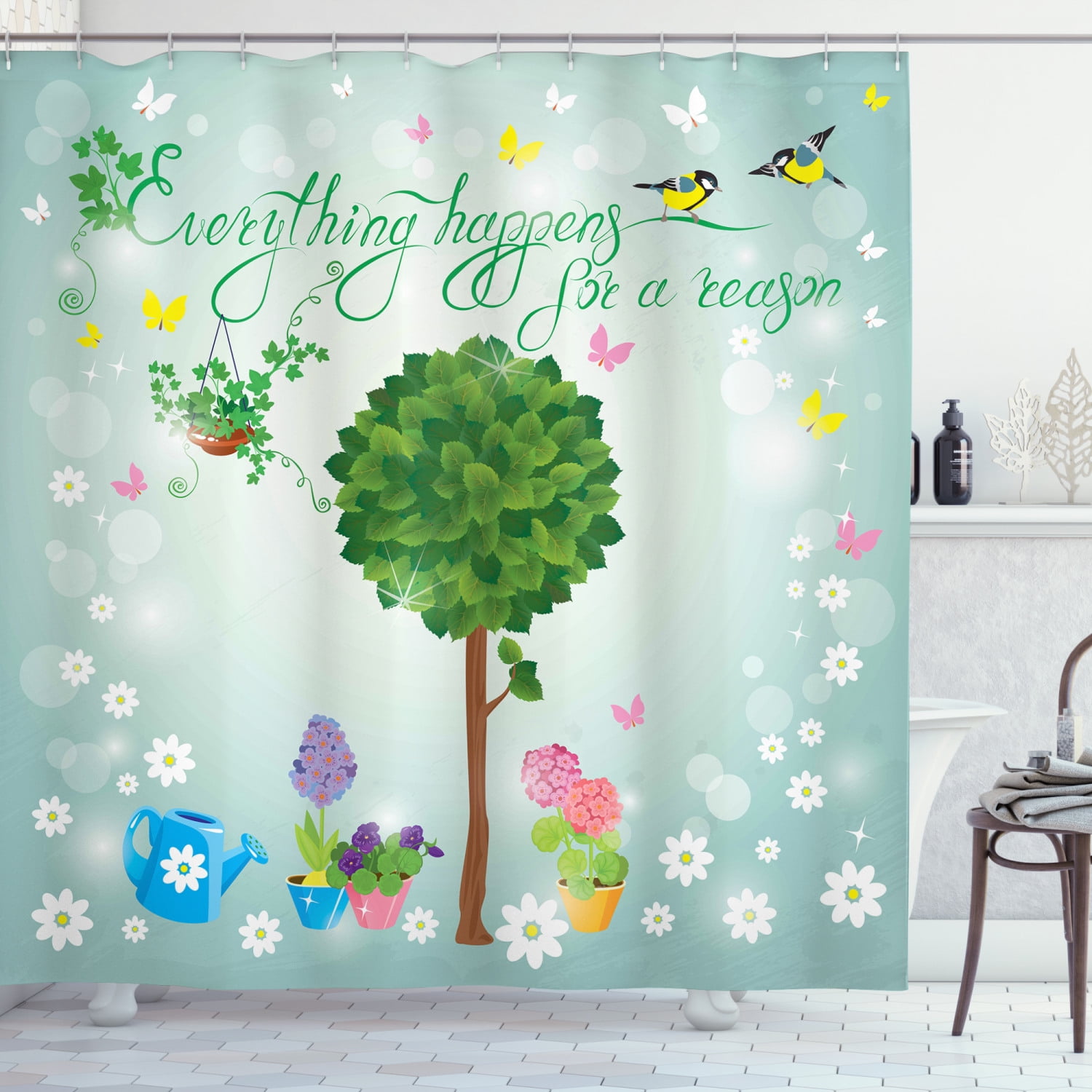 Saying Shower Curtain, Floral Spring Themed Illustration with Daisies ...