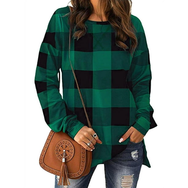 Women Long Sleeve Plaid Printed Split Hem Top - Walmart.com