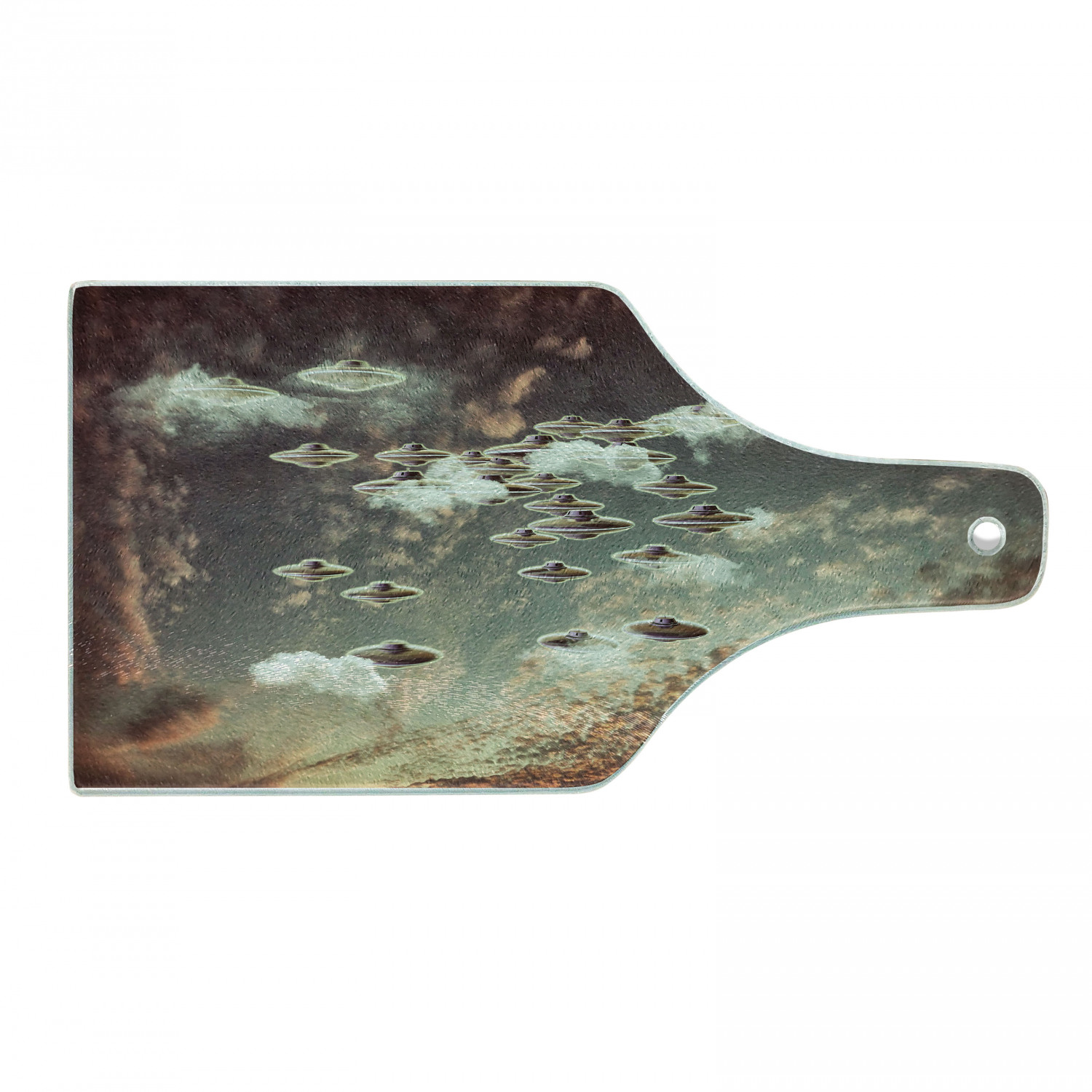 Outer Space Cutting Board, Flying Objects in Cloudy Sky UFOs Aliens ...