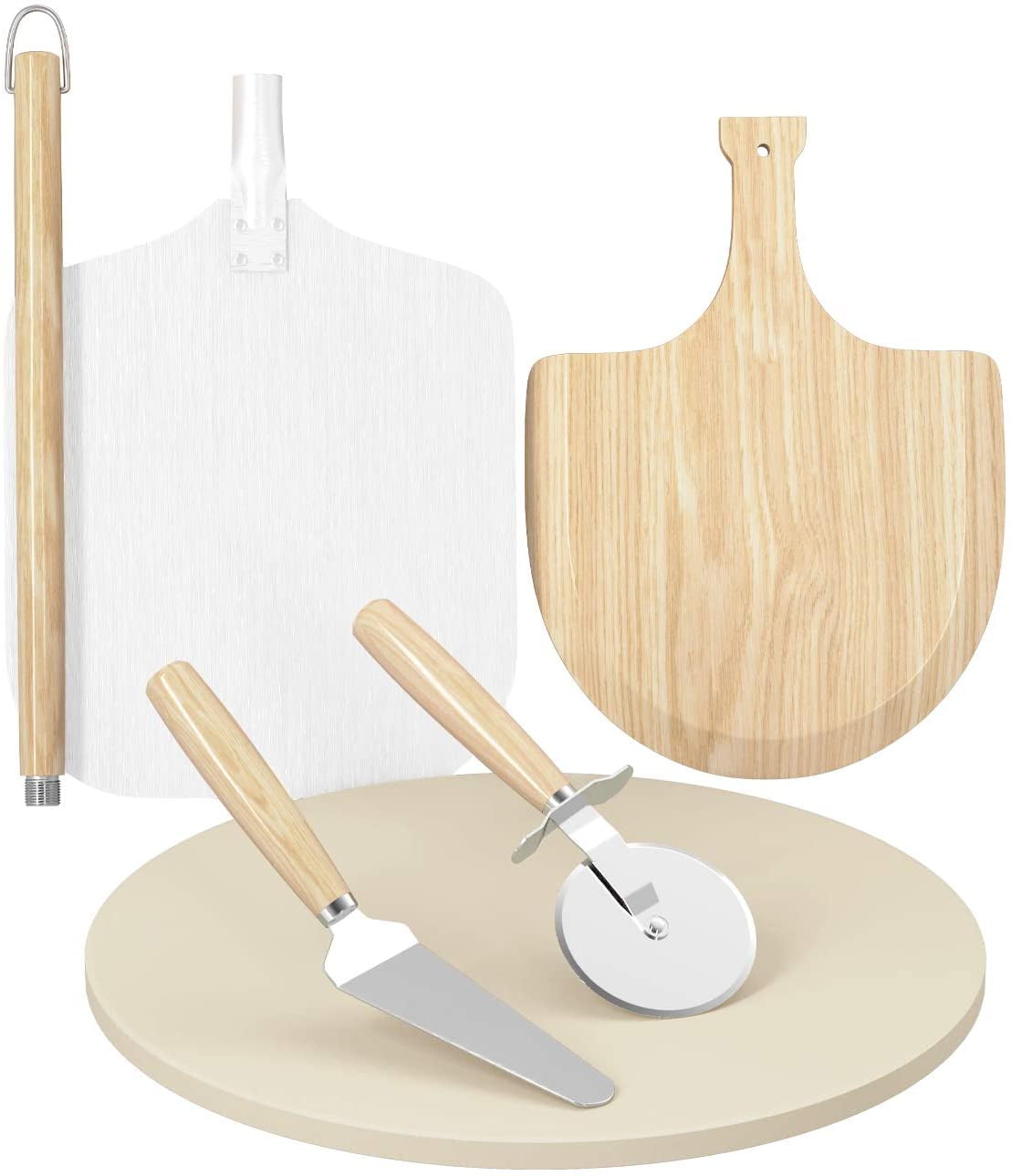 Dawht 16 Inch Pizza Stone and Pizza Peel Set, 5 Piece Pizza Making Kit ...