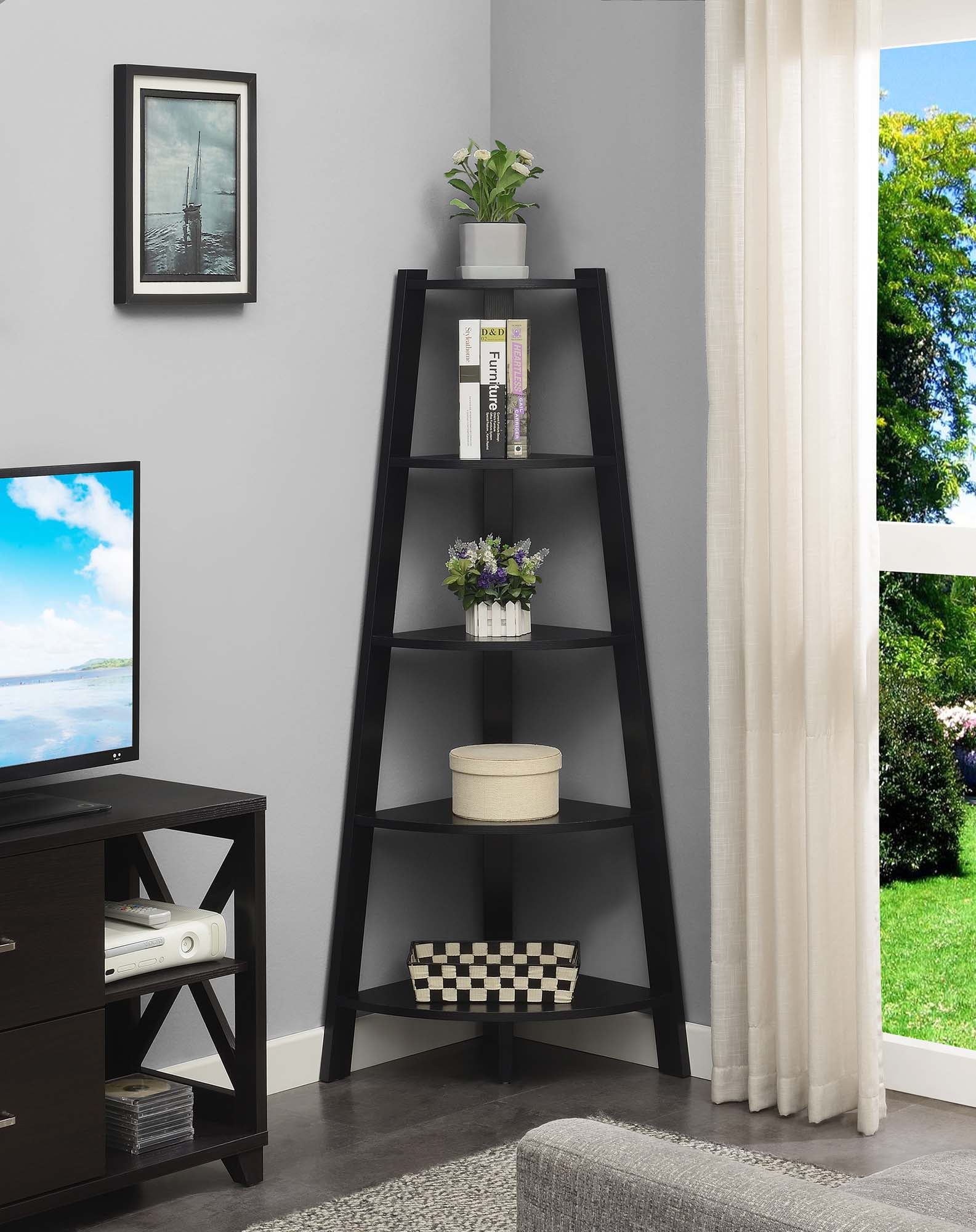 Convenience Concepts Newport 5 Tier Wide Corner Bookcase, Black ...